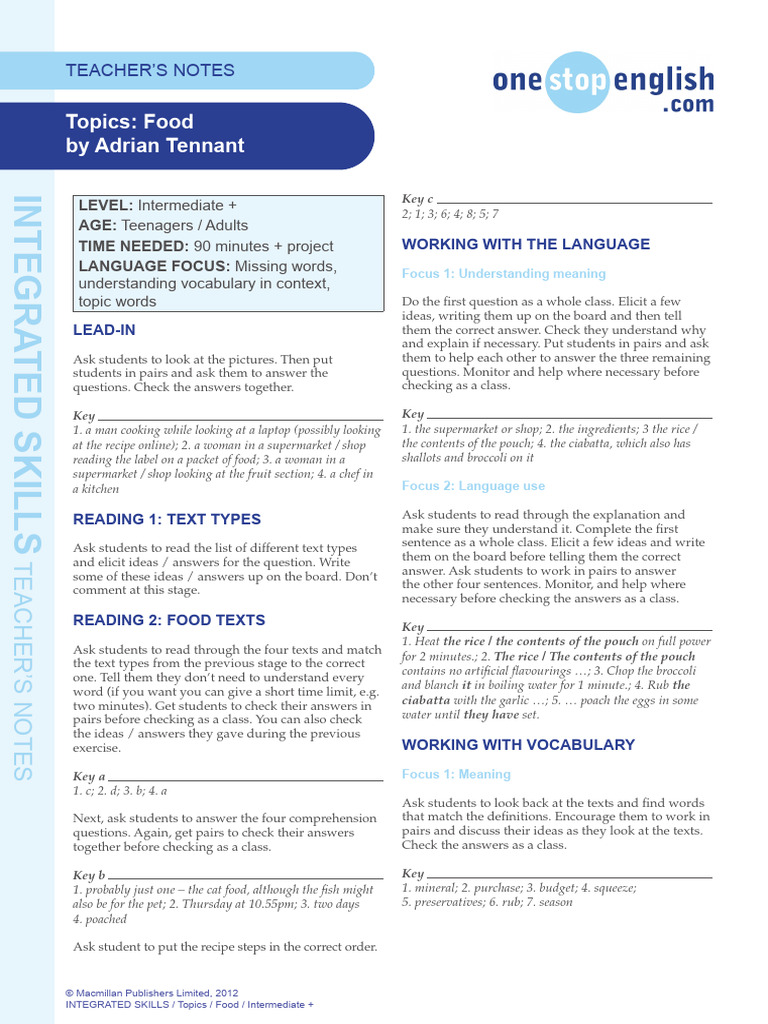 Food Integrated Skills Teacher's Notes | PDF | Cooking | Garlic