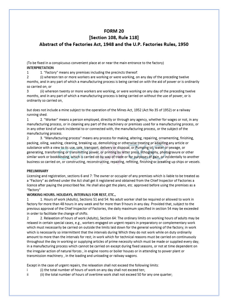 Abstract of Factories Act 1948 & U.P. Rules | PDF | Overtime | Working Time