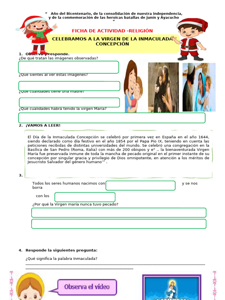 Ficha de Religión - Celebramos A La Virgen de La Inmaculada Concepción-K | PDF