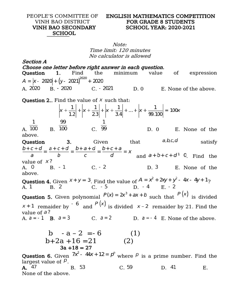 Grade 8 English Math Competition 2021 | PDF | Area | Elementary Geometry