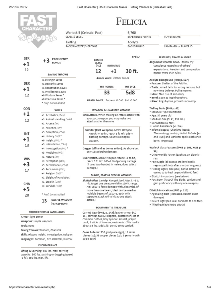 Fast Character _ D&D Character Maker _ Tiefling Warlock 5 (Celestial ...