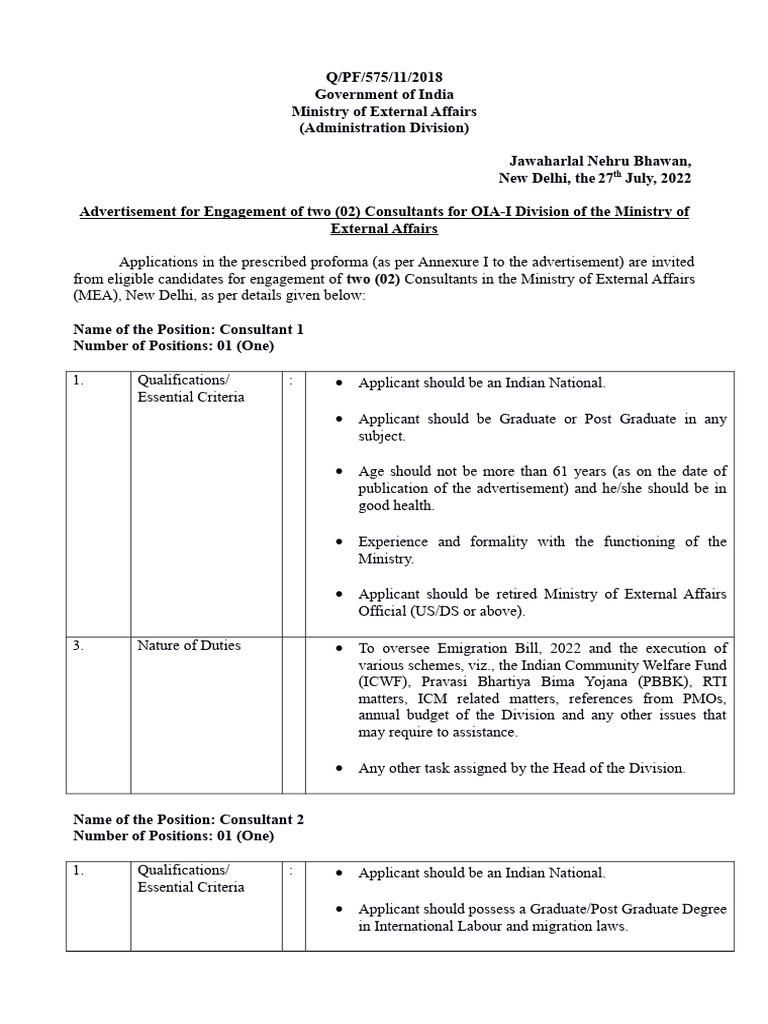 Advertisment-for-engagement-of-Consultants-OIA-I-2022 | PDF | Employment | Per Diem