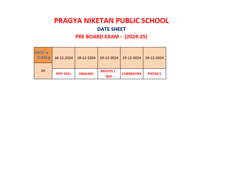 Revised Date Sheet For Class 12 Pre Board Exam Class-12 (2024-25) | PDF