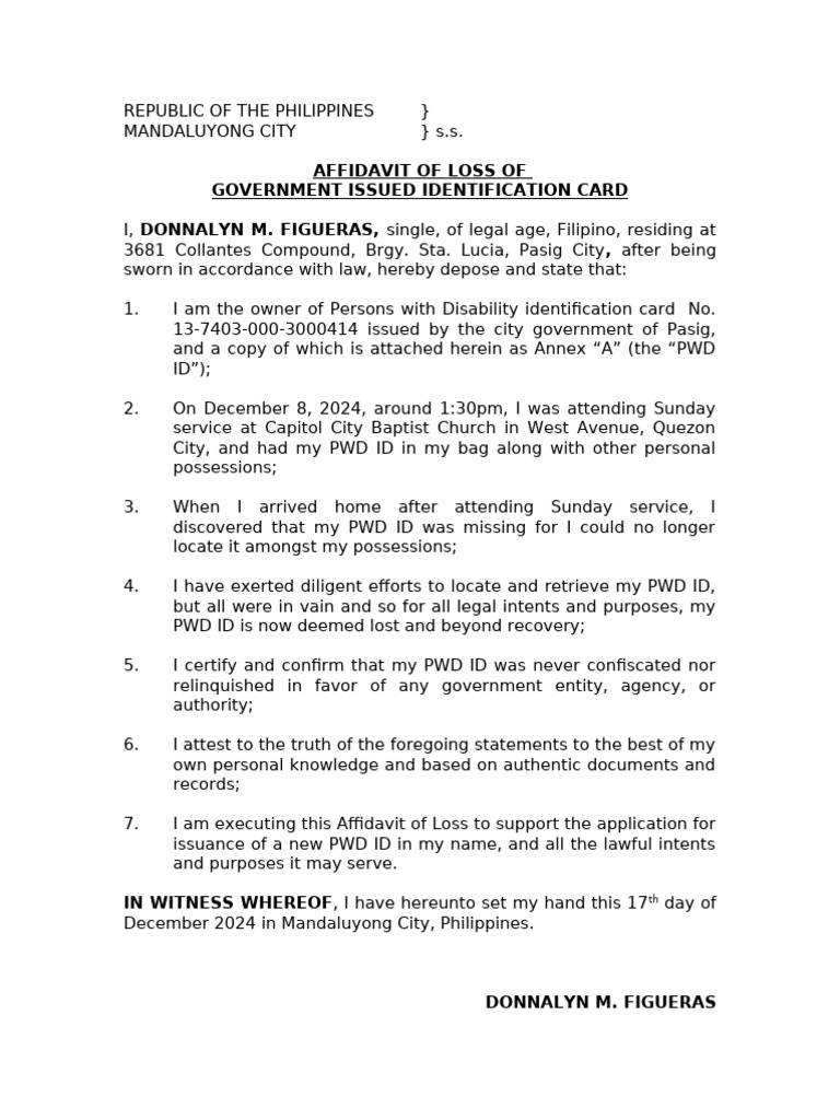 Affidavit of Loss for PWD ID | PDF
