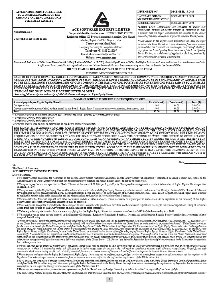 ACE Software Exports Rights Issue Application | PDF | Securities ...