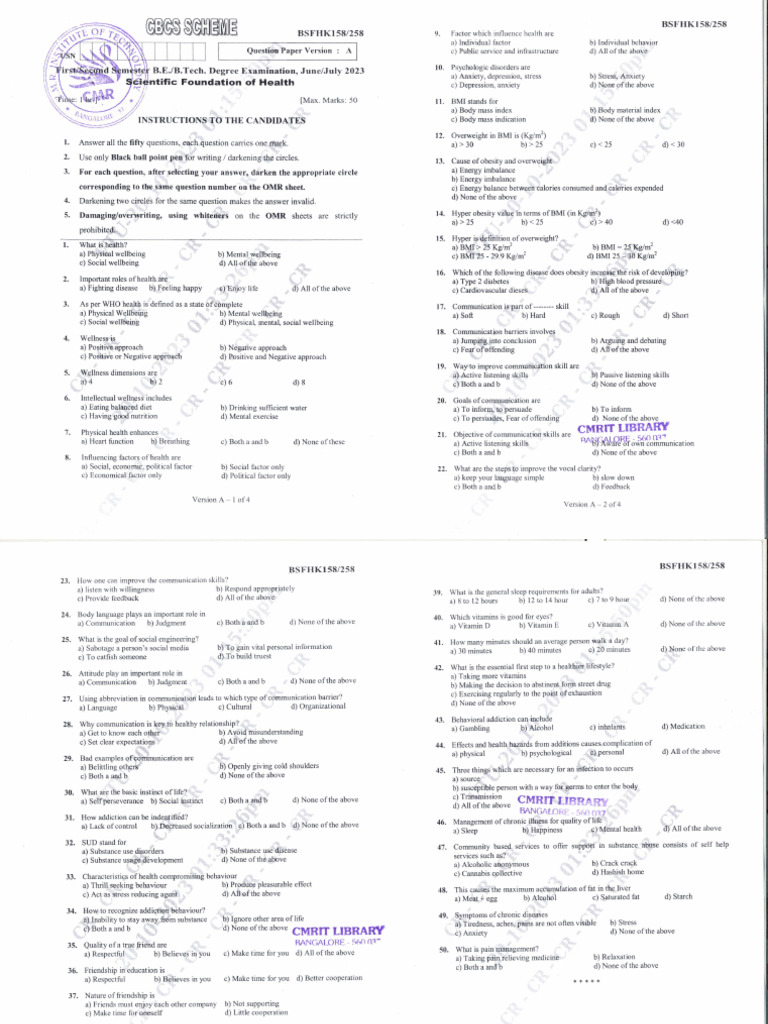 VTU Question Paper of BSFHK158 - BSFHK258 Scientific Foundations of ...