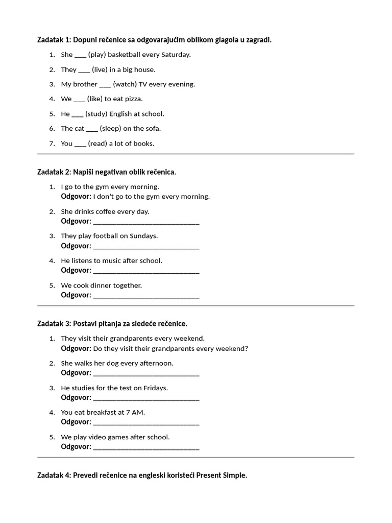 Present Simple Zadaci | PDF