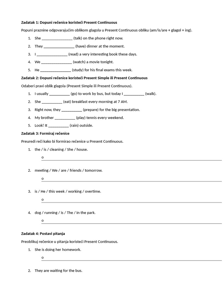 Present Continuous Zadaci | PDF | Cuisine | Drink