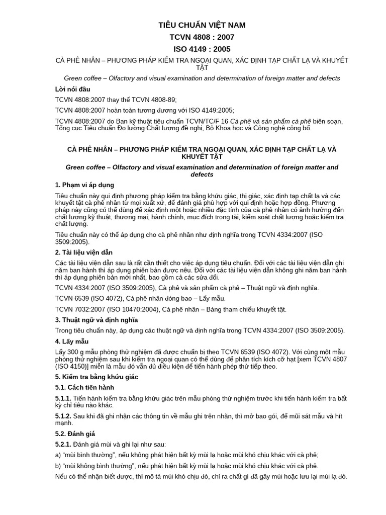 TCVN 4808 - 2007 = ISO 4149 2005 kiểm tra ngoại quan, xác định tạp chất lạ và các khuyết tật cà ...