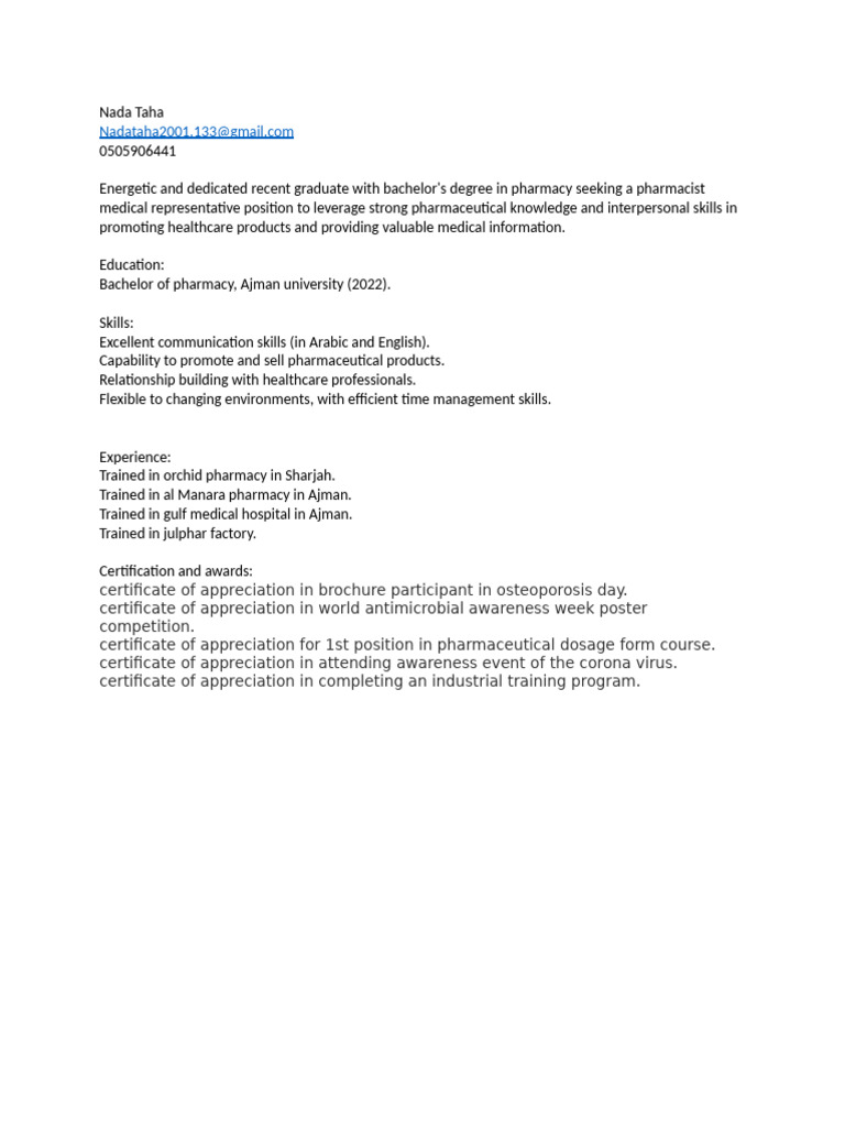 CV For Medical Representative | PDF