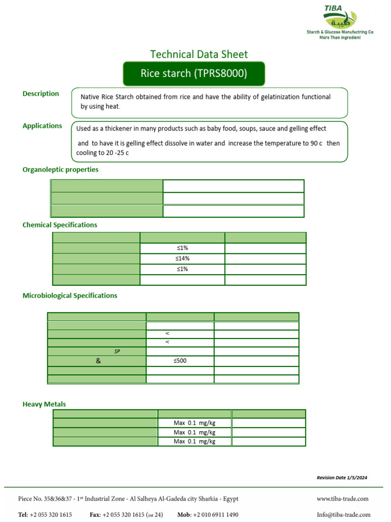 Rice Starch (TPRS8000) | PDF | Chemistry