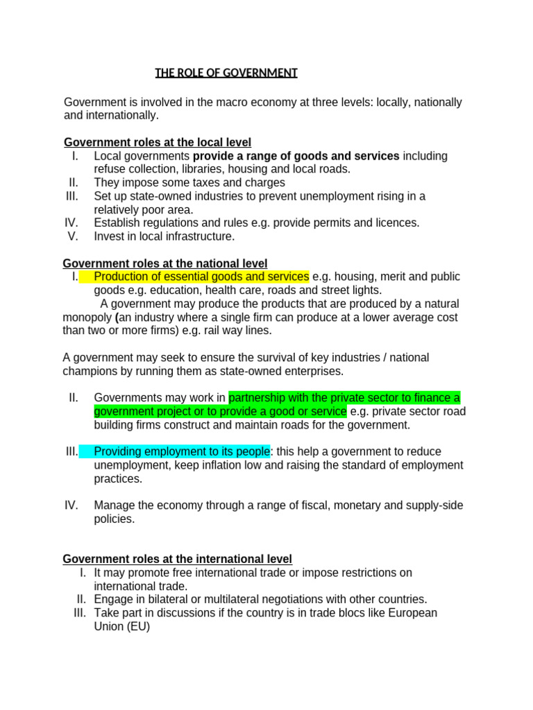 THE ROLE OF GOVERNMENT NOTES 1st | PDF