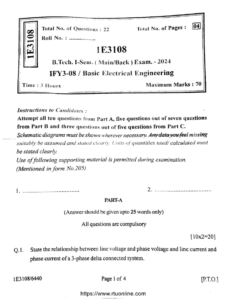 Btech 1 Sem Basic Electrical Engineering 1e3108 2024 | PDF