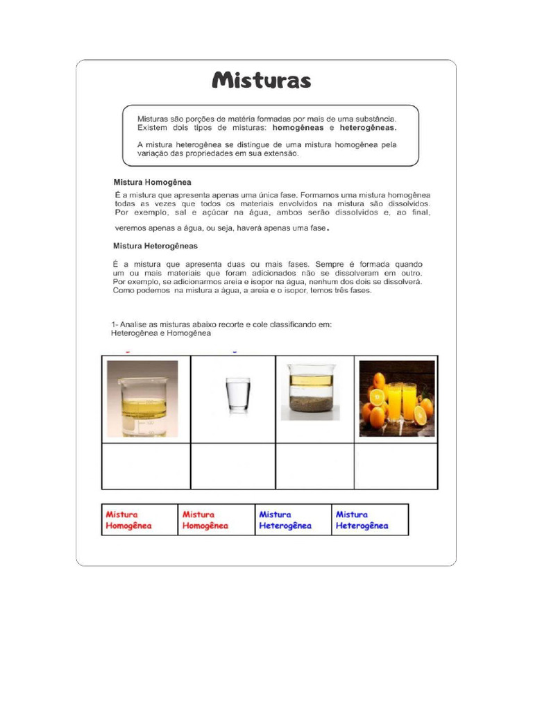 Atividade Adaptada de Mistura Homog e Heterog | PDF