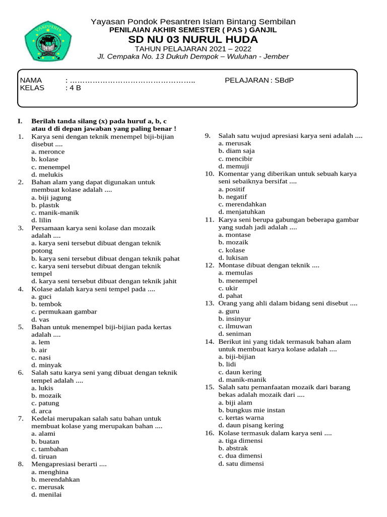soal sbdb kls 4 | PDF