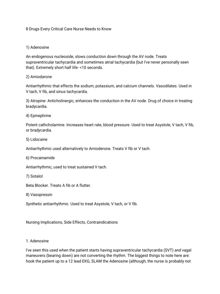 Essential Drugs for Critical Care Nurses | PDF