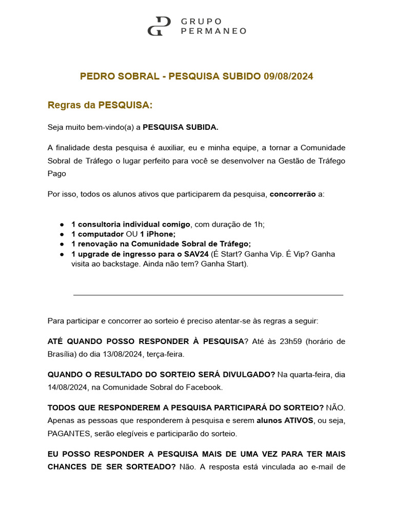 Pesquisa Subida Agosto 2024 Manual de Regras | PDF