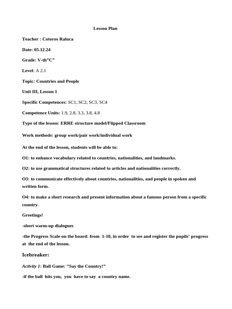 Lesson Plan 05.12.24 5th Grade Clasa5C | PDF | Applied Linguistics ...