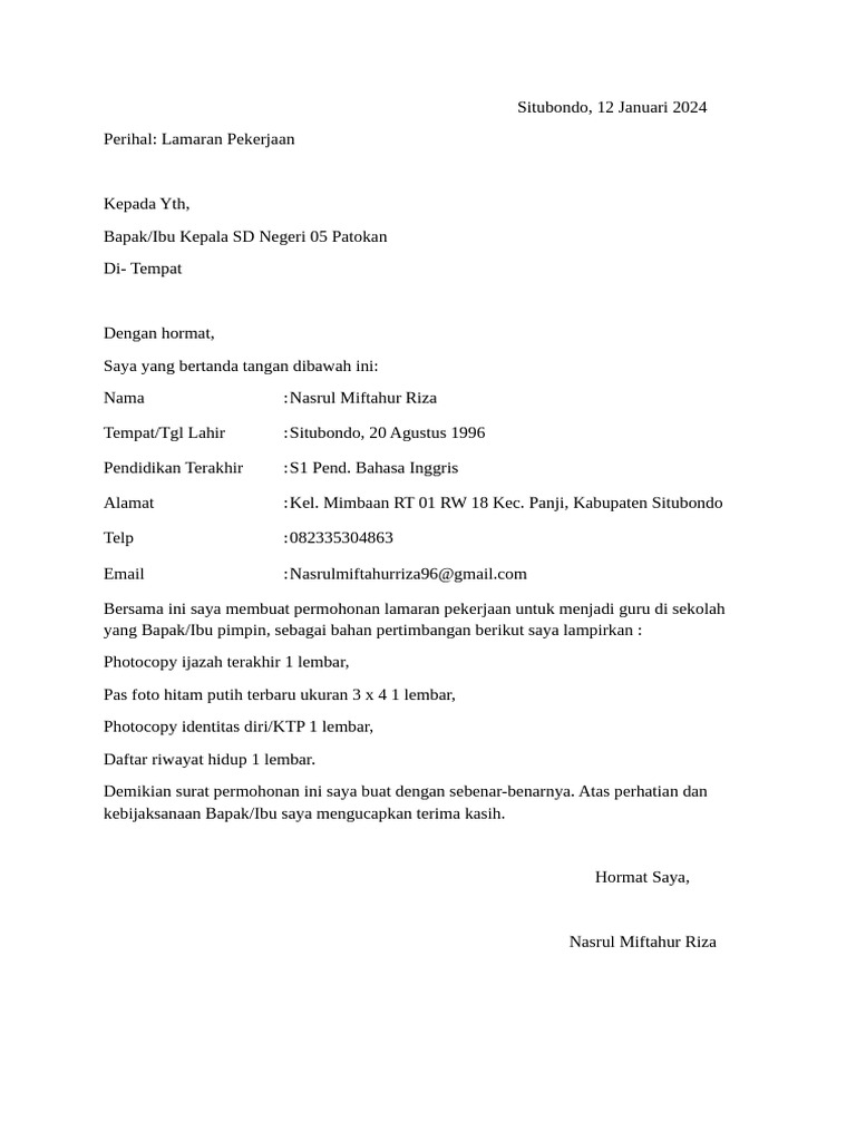 Surat Lamaran SD | PDF