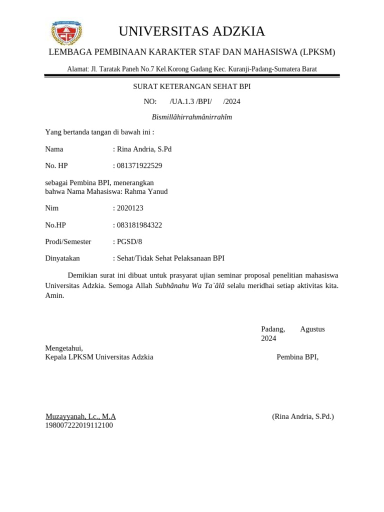 surat sehat PBI Rahma Yanud (1) | PDF