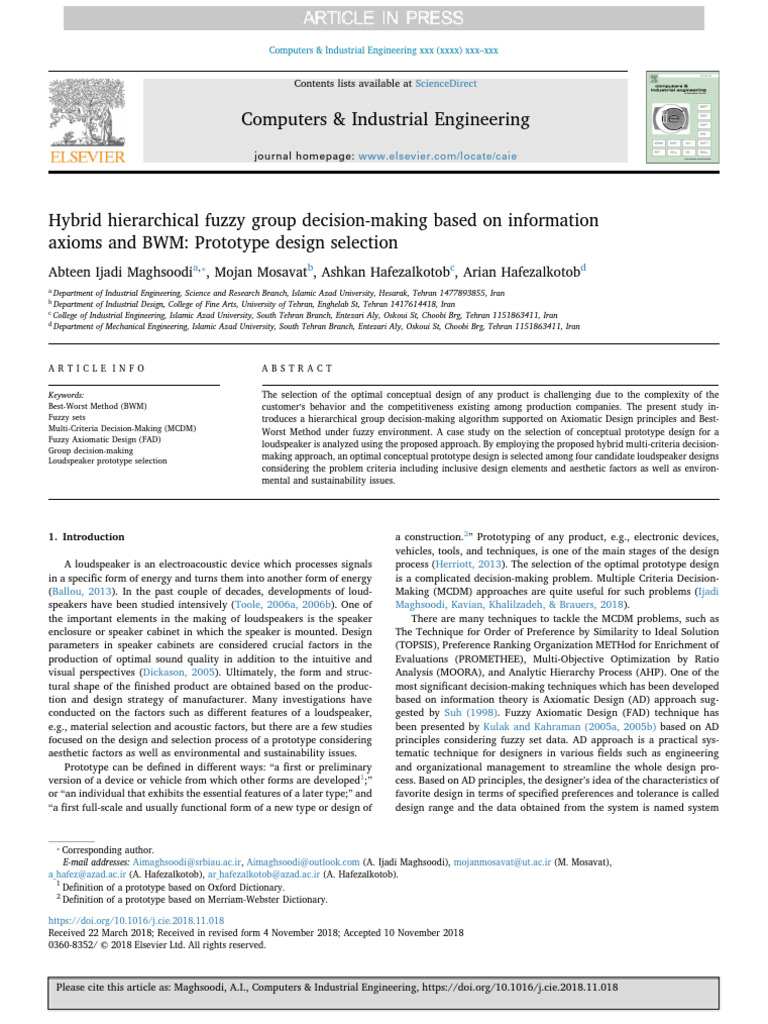 Hybrid hierarchical fuzzy group decision-making based on information axioms and BWM: Prototype ...
