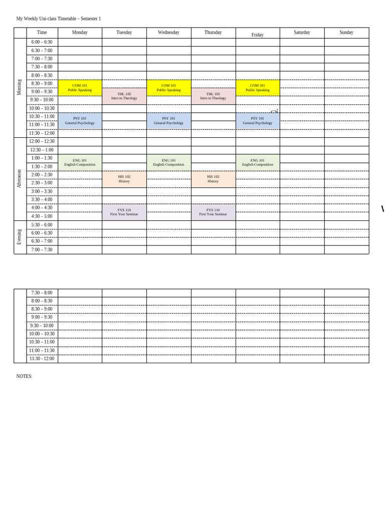 Weekly University Class Schedule | PDF