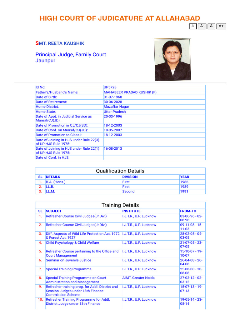 Reeta Kaushik: Principal Judge Profile | PDF | Magistrate | Judge