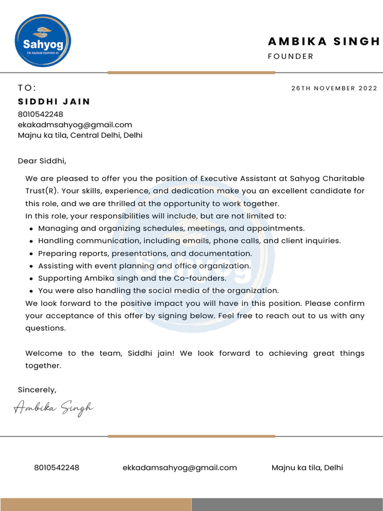 Executive Assistant Job Offer Letter | PDF