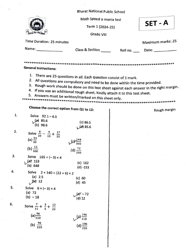 Grade VII Math Speed Test Instructions | PDF