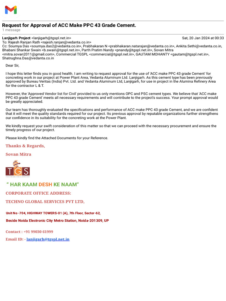 Gmail - Request For Approval of ACC Make PPC 43 Grade Cement. | PDF