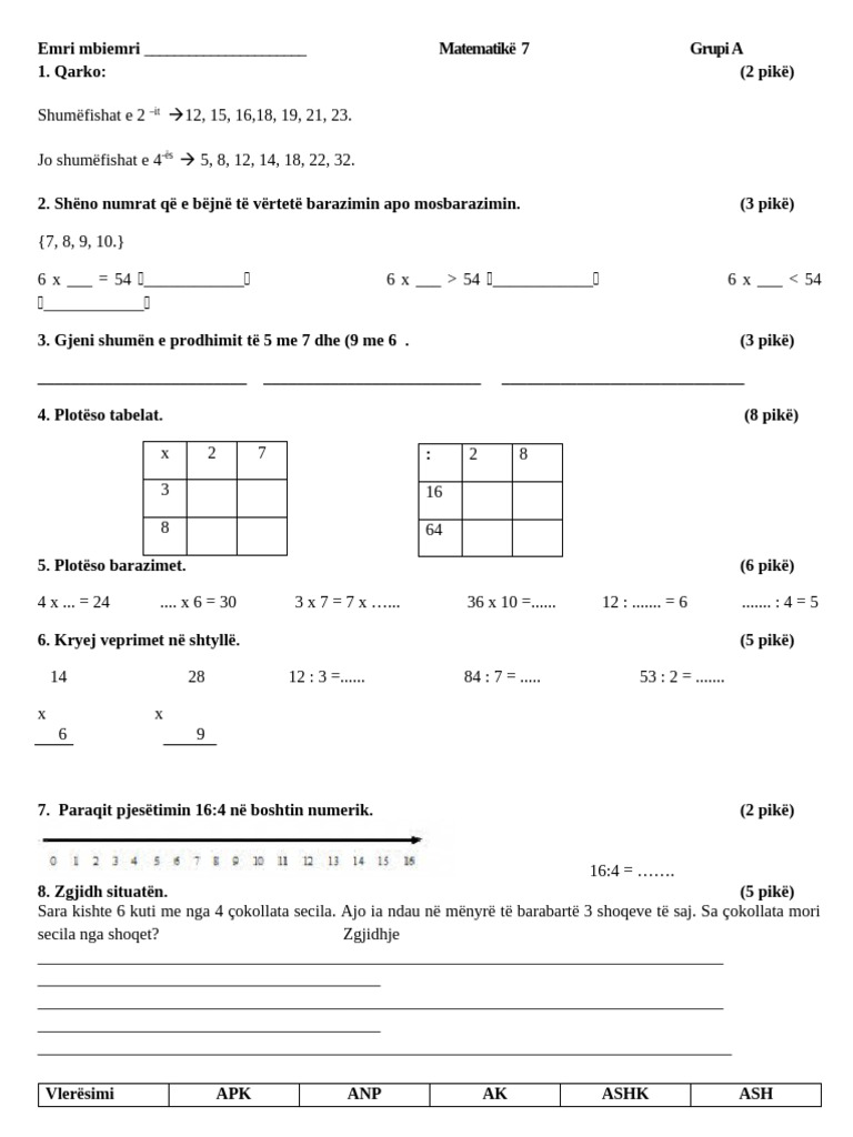 Testi Matematika Klasa 7 | PDF