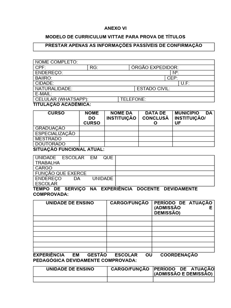 Anexo Vi Modelo de Curriculum Vitae para Prova de Titulos | PDF