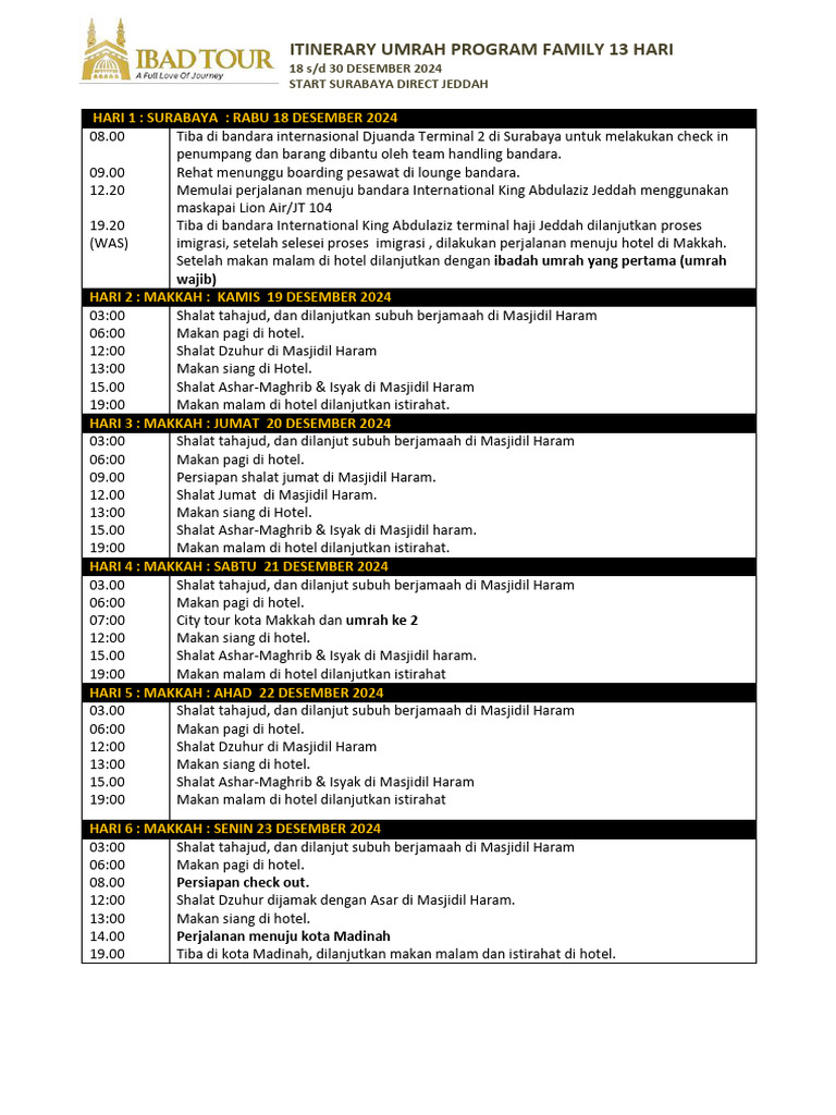 ITINERARY UMRAH FAMILY 13 DAY IBAD TOUR 18 DESEMBER 2024 | PDF
