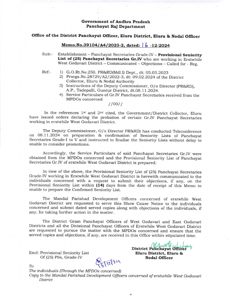 25 Panchayat Secretaries Grade-IV - Provisional Seniority List ...