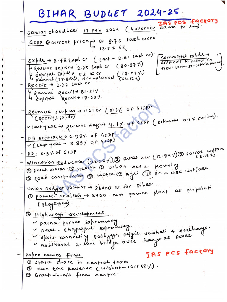 Bihar Budget 2024-25 IAS PCS Factory | PDF