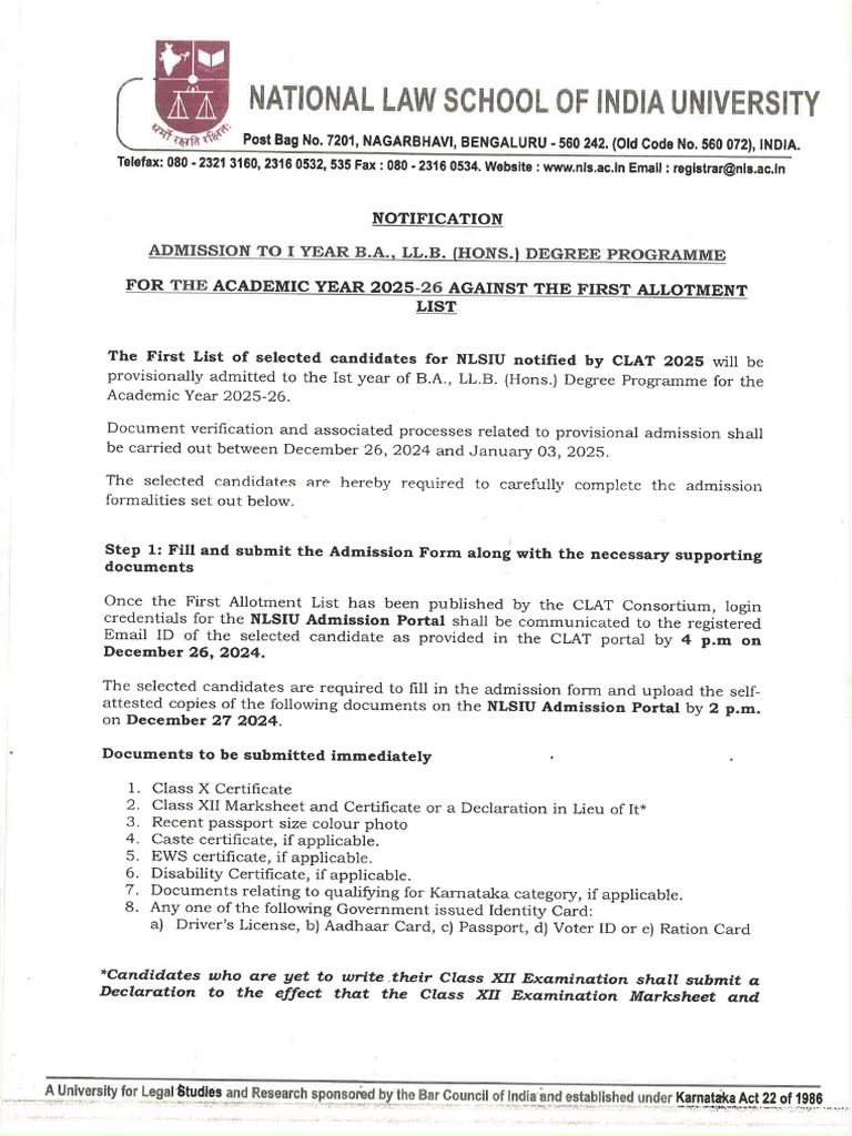 Admssion Notification 2025 BA LLB Hons | PDF