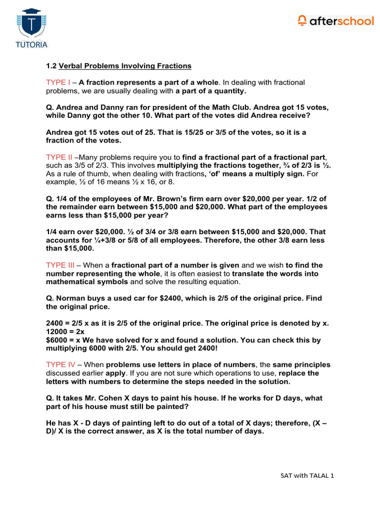 1.2 Verbal Problems Involving Fractions | PDF