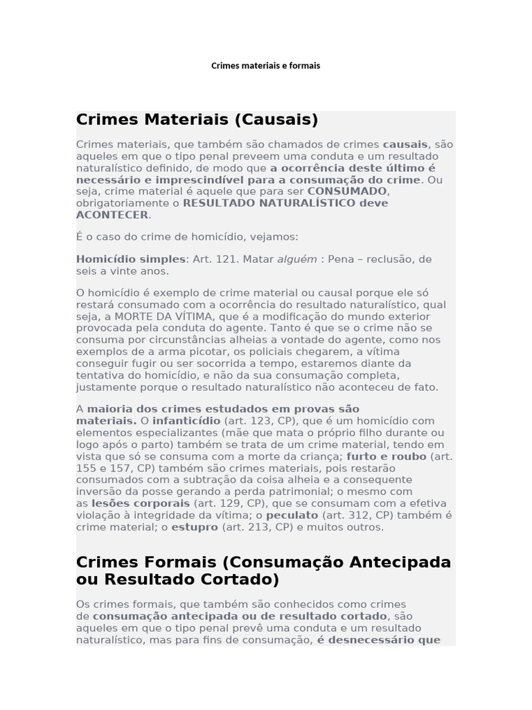 Diferenças entre Crimes Materiais e Formais | PDF | Crimes | Crime e ...