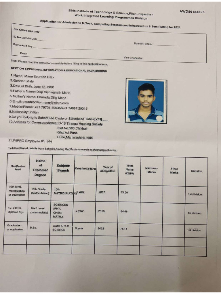 Bits Application Form | PDF