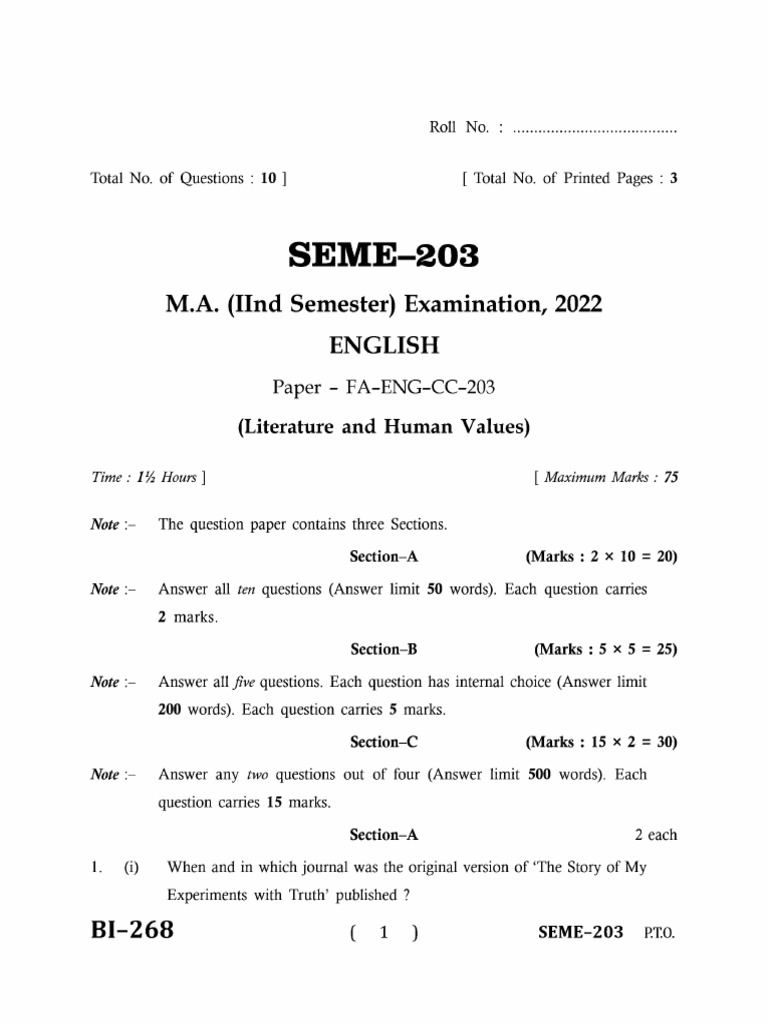 Ma 2 Sem English Literature and Human Values Seme 203 2022 | PDF ...