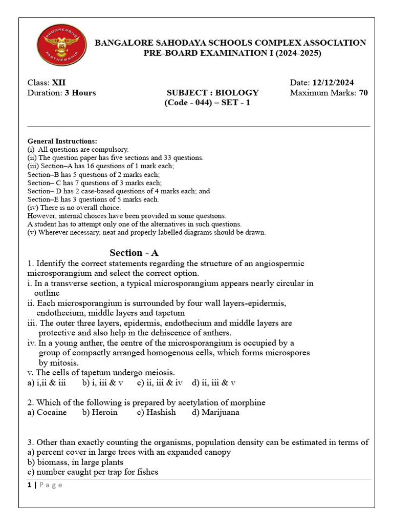 Class Xii Biology Set 1 | PDF | Cell (Biology) | Dna