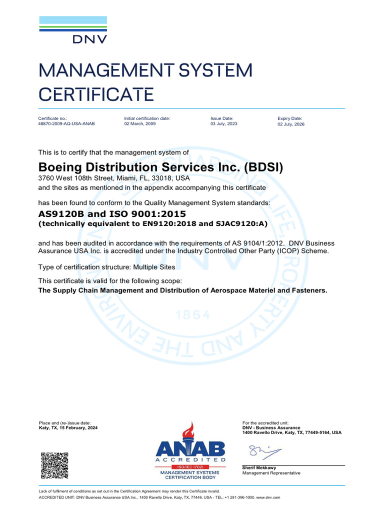 BDSI Global AS9120 Rev B Certificate 240215 | PDF | Certification | Iso 9000