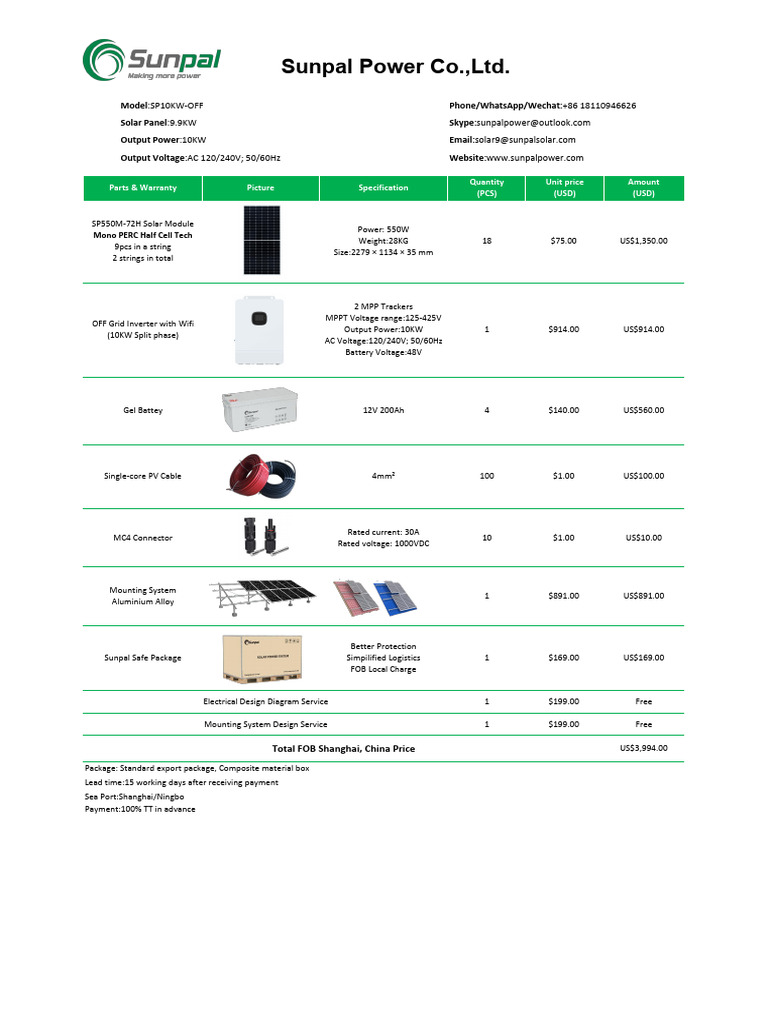 Sunpal Power Co. Product Pricing Guide | PDF | Solar Panel | Energy ...