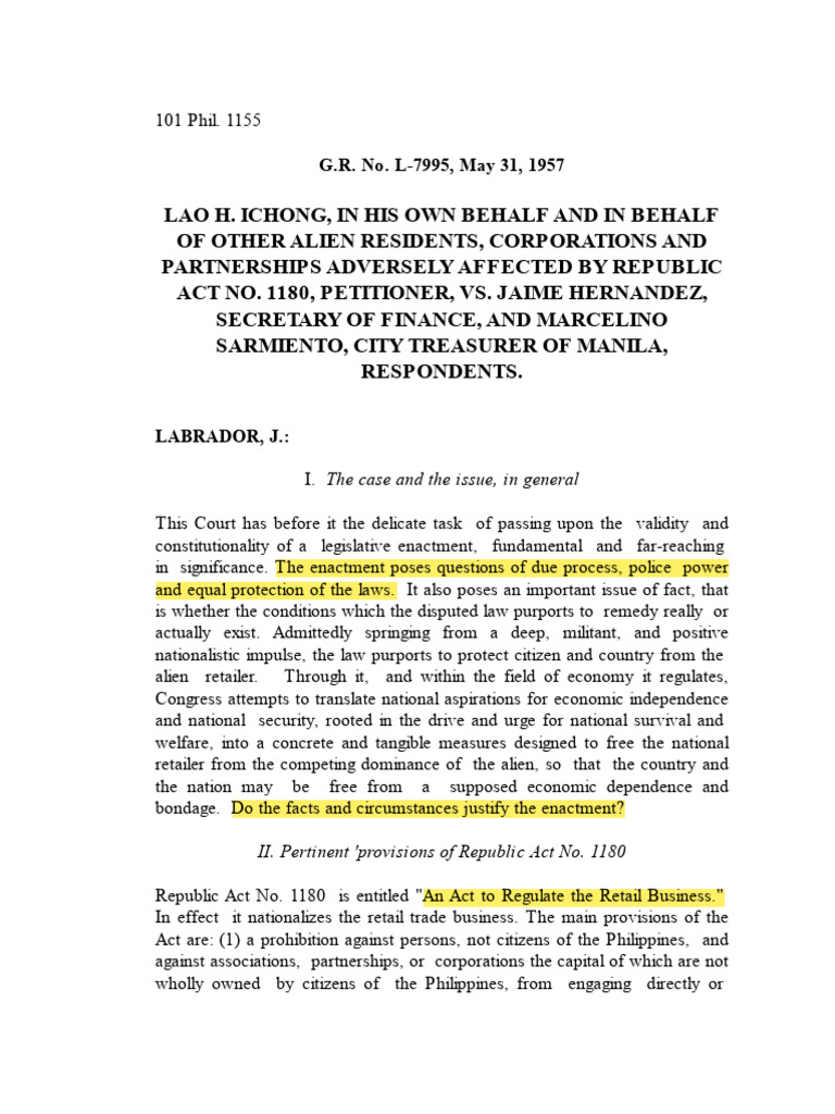 Ichong V Hernandez GR L-7995 | PDF | Equal Protection Clause ...