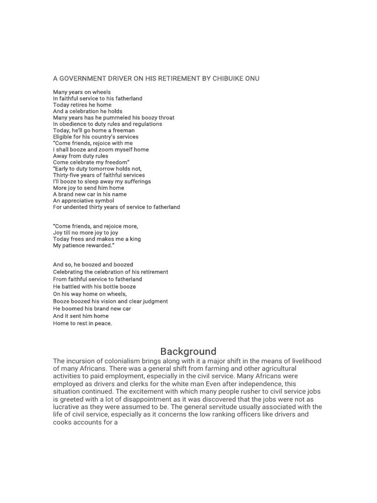 Government Driver's Retirement Poem | PDF | Poetry | Irony