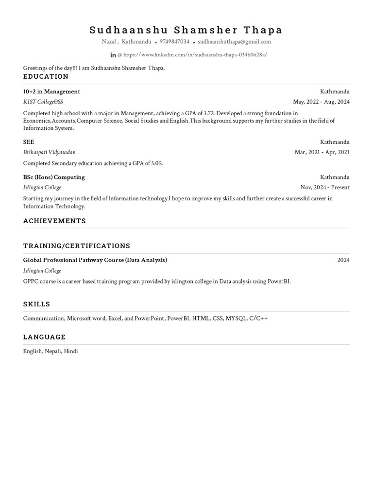 Sudhaanshu Shamsher Thapa: Education | PDF