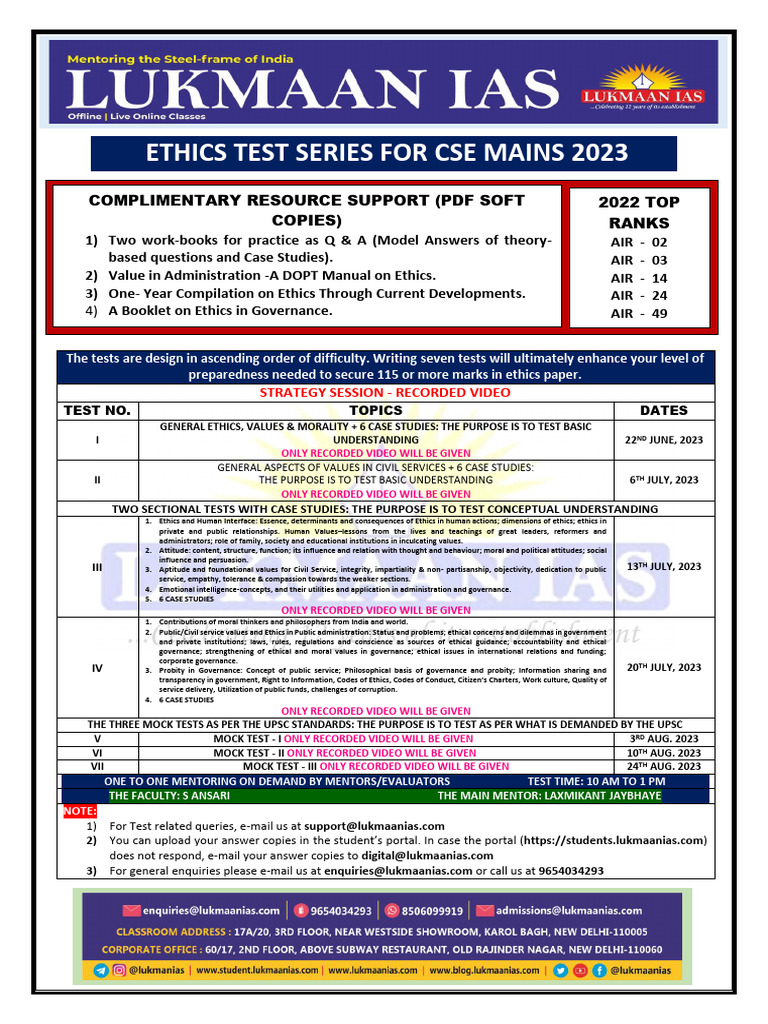 Ethics Test Series for UPSC 2023 | PDF | Governance | Morality
