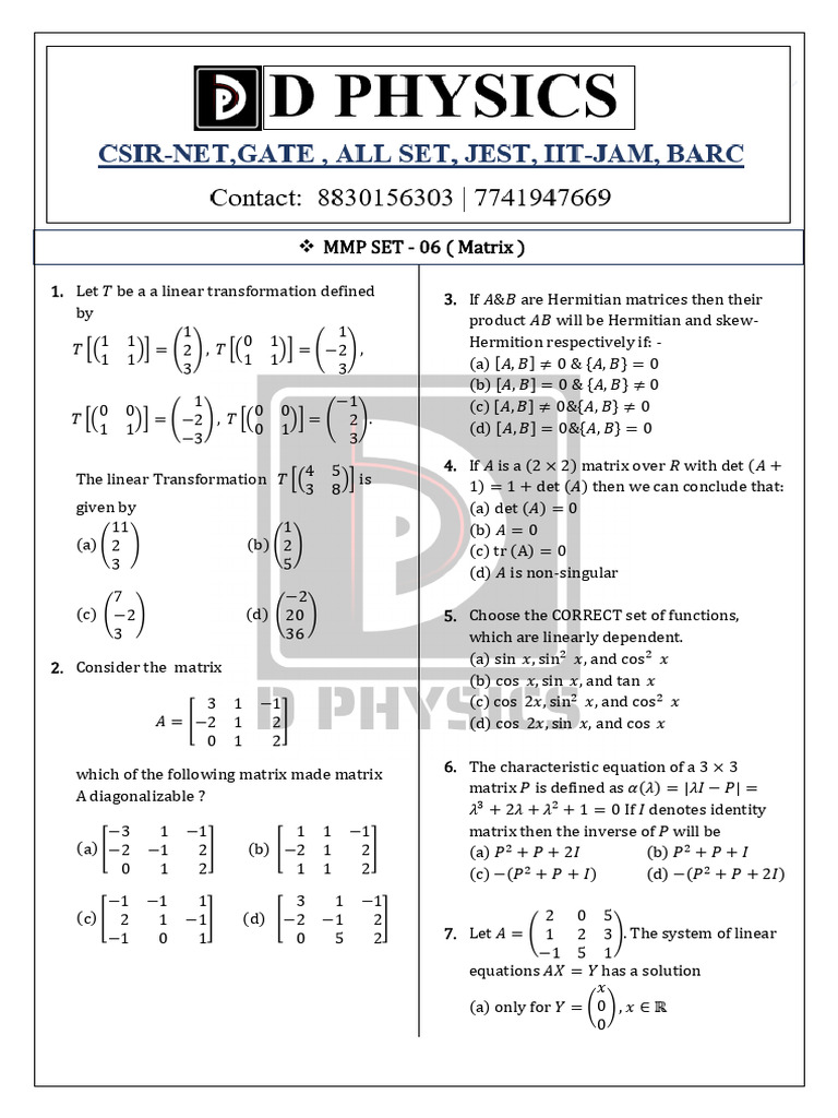 MMP SET -06 ( Matrix ) | PDF | Matrix (Mathematics) | Eigenvalues And Eigenvectors