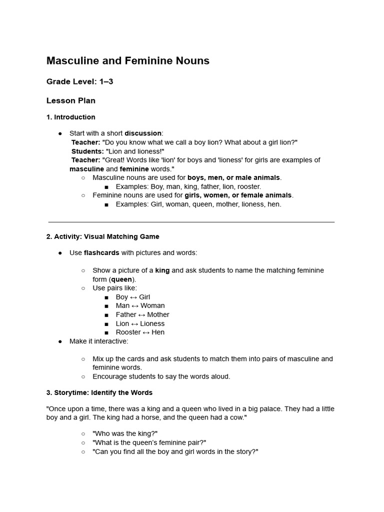 Masculine and Feminine Nouns for Kids | PDF | Grammatical Gender