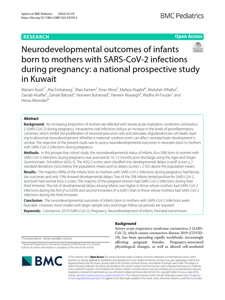Neurodevelopmental Outcomes of Infants Born to Mothers With SARS CoV 2 Infections During ...